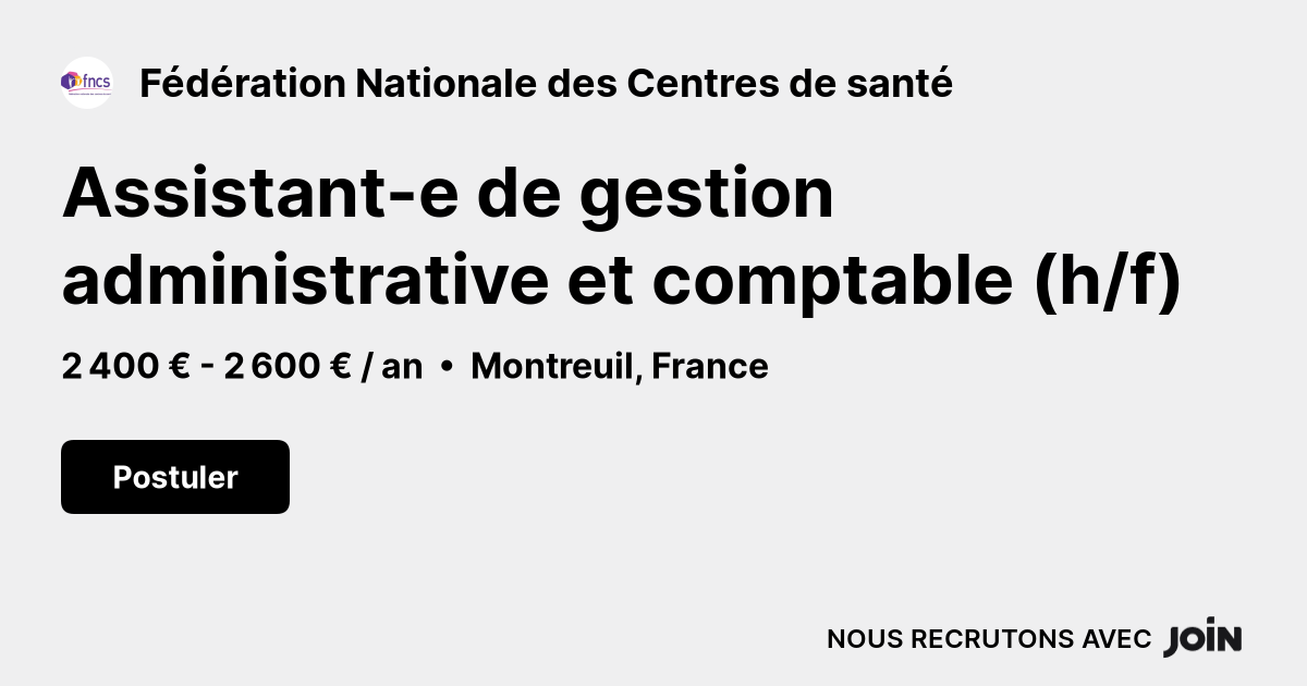 Fédération Nationale des Centres de santé (Montreuil): Assistant-e de gestion administrative et ...