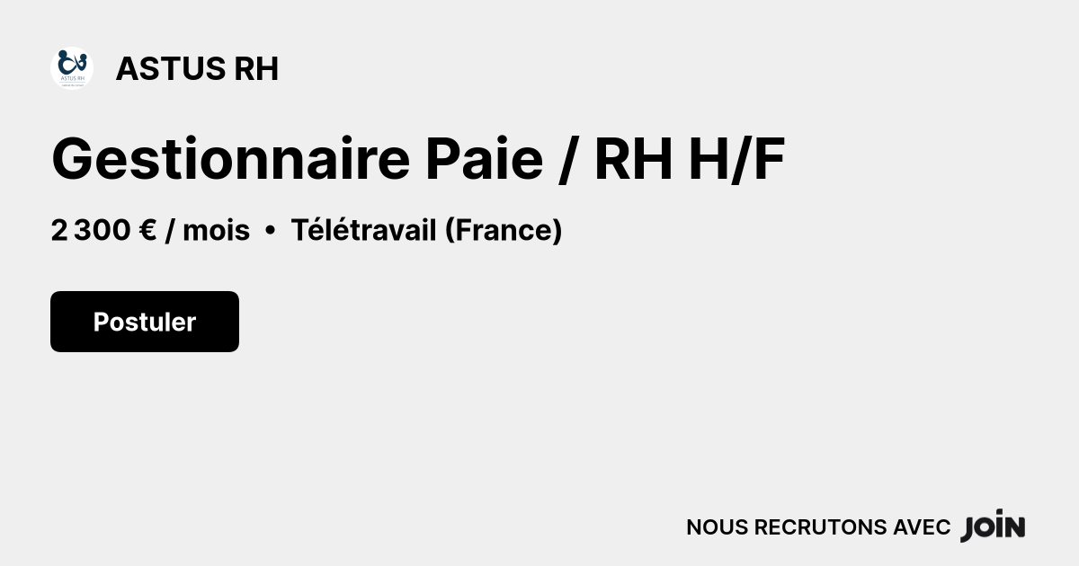 ASTUS RH (Télétravail): Gestionnaire Paie / RH H/F