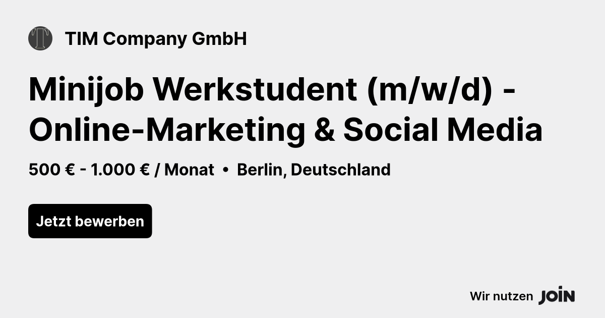 TIM Company (Berlin): Minijob Werkstudent (m/w/d) - Online-Marketing ...