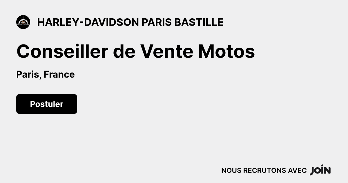 HARLEY-DAVIDSON PARIS BASTILLE (Paris): Conseiller de Vente Motos