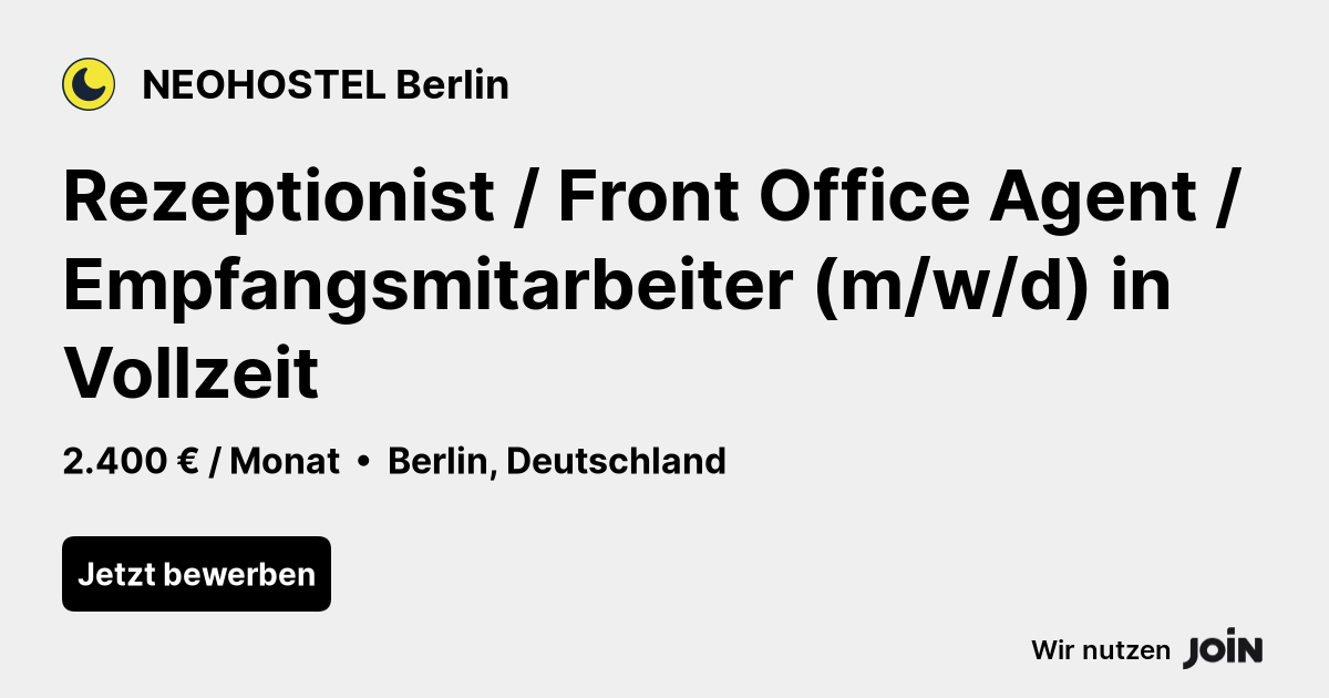 NEOHOSTEL Berlin (Berlin): Rezeptionist / Front Office Agent ...